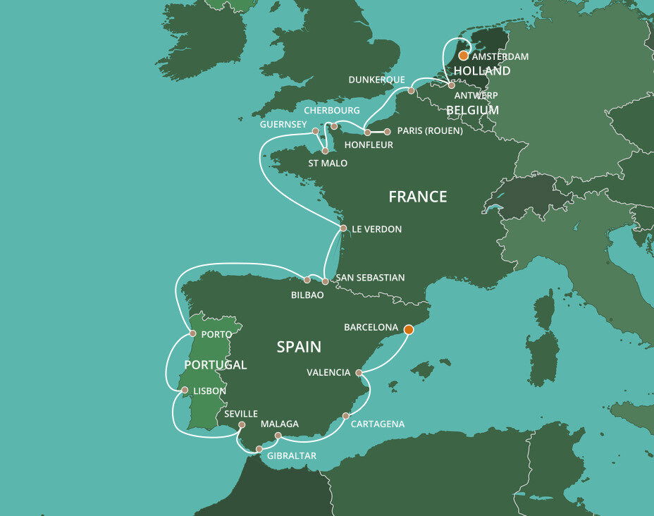 Spain & France - Azamara (25 Night Cruise from Barcelona to Amsterdam)
